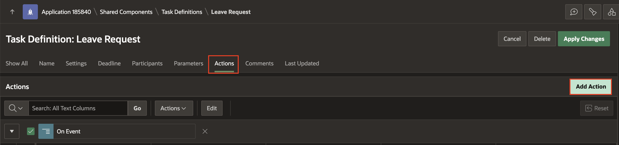 Creating Actions under Task Defenitions