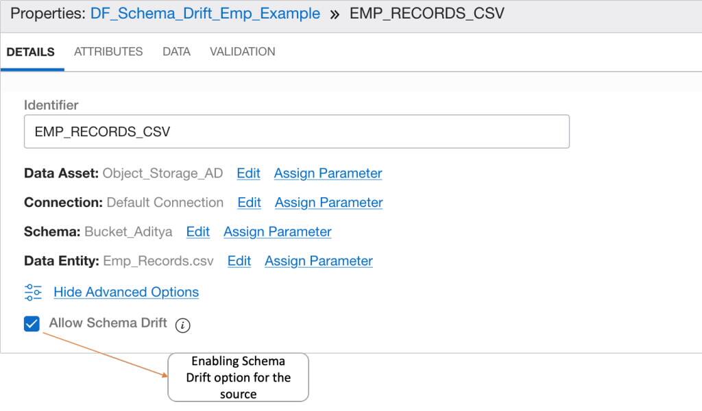 Schema drift in Oracle Cloud Infrastructure Data Integration