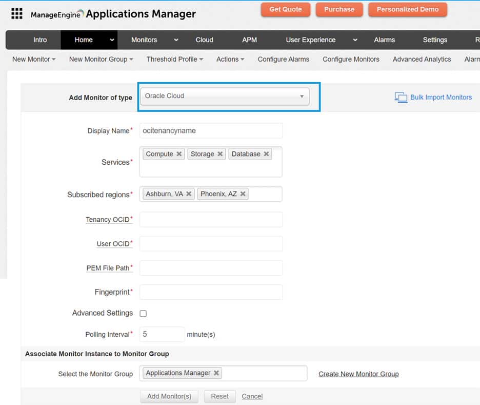 Oracle Cloud Monitoring tool for ManageEngine Applications Managerのオンボーディング