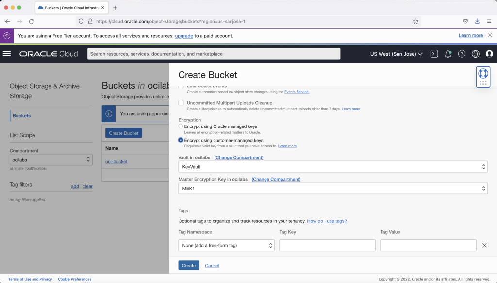 Using OCI Object Storage bucket encryption