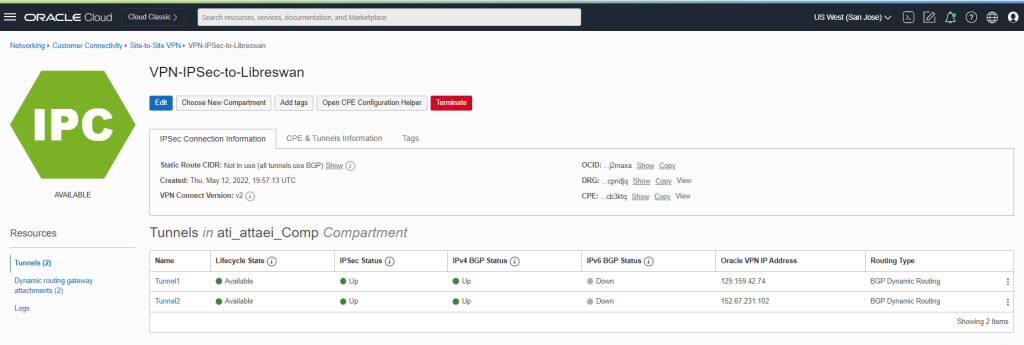 OCI VPN IPSec to Libreswan with BGP Routing Advertise Configuration Steps