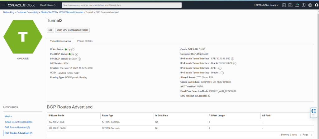 OCI VPN IPSec to Libreswan with BGP Routing Advertise Configuration Steps