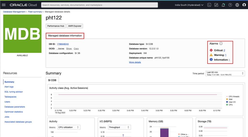 Enhanced alarms and monitoring capabilities in OCI Database Management
