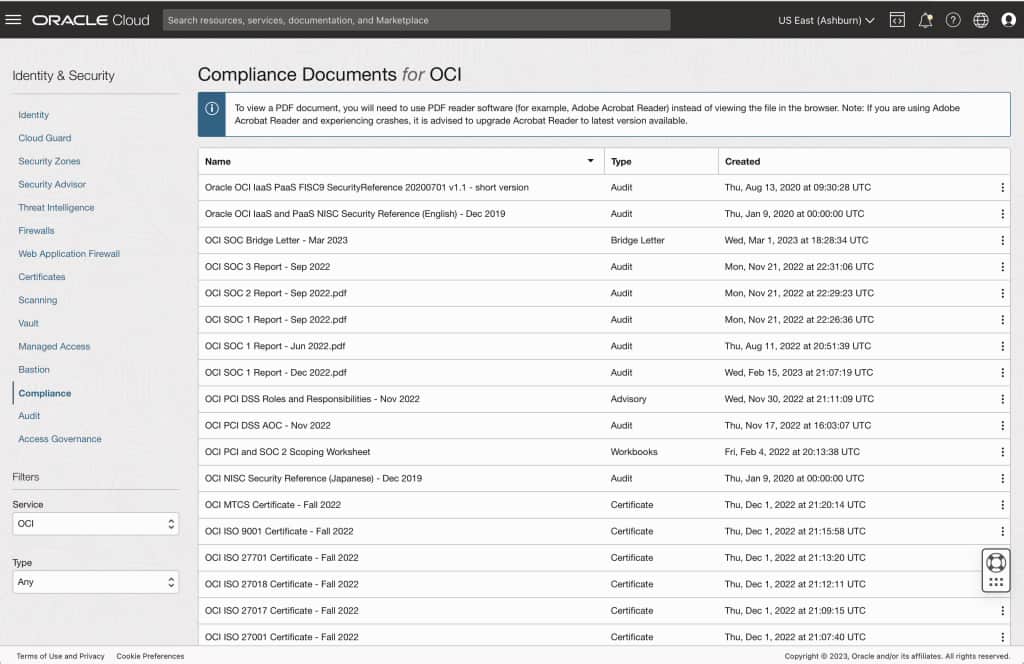 Access OCI compliance reports on-demand in the Oracle Cloud Console