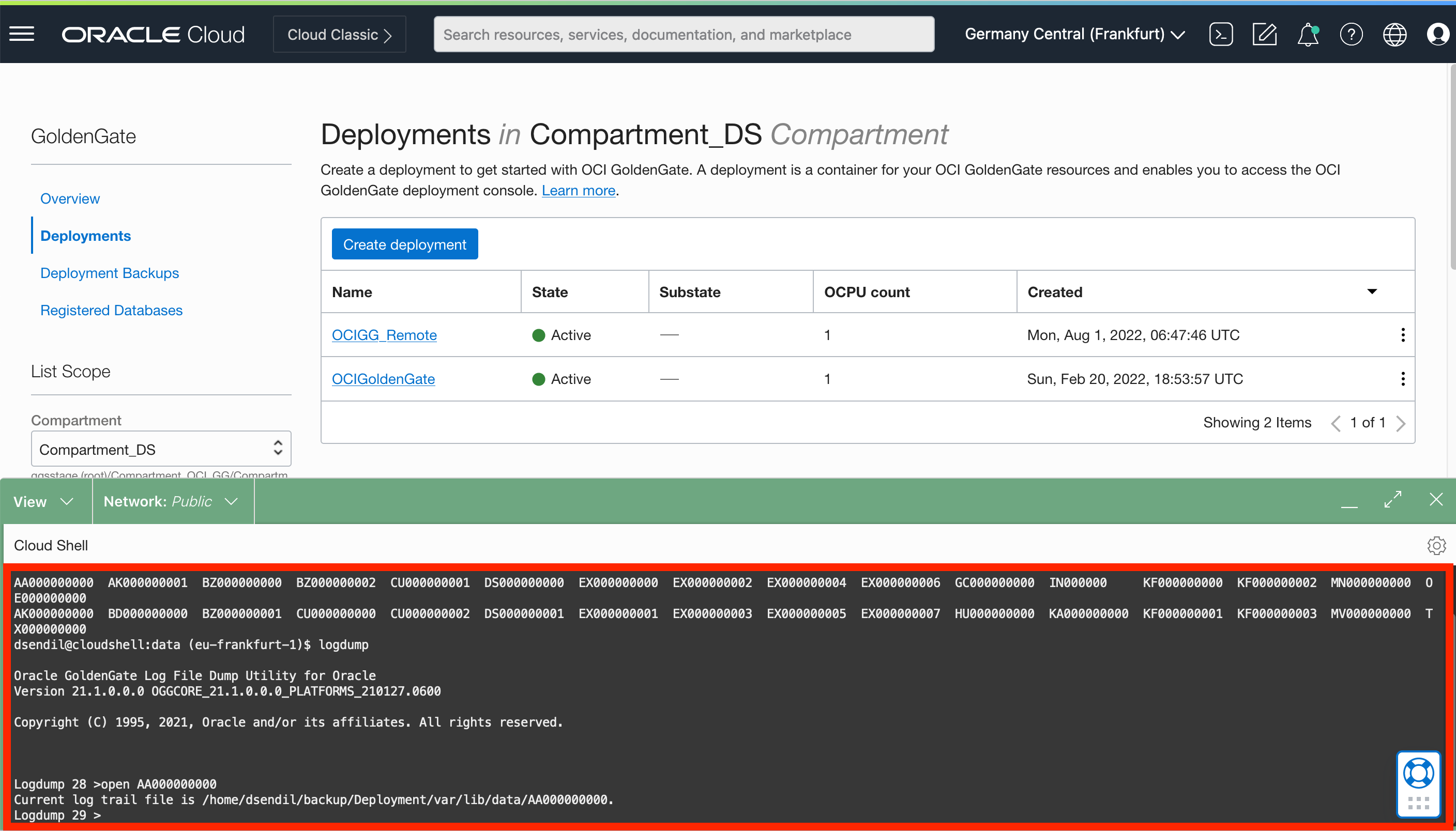 Using Logdump Utility with Oracle Cloud Infrastructure (OCI) GoldenGate