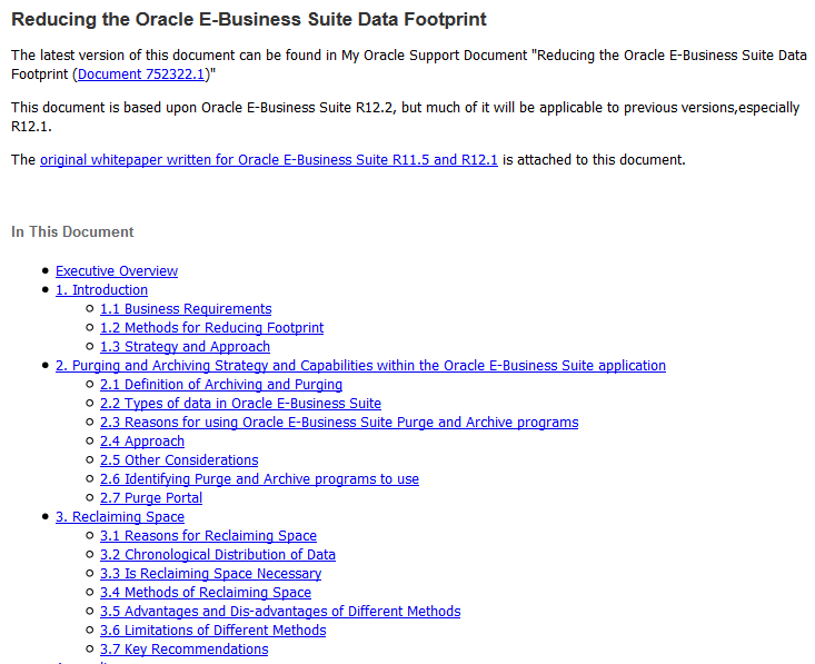White Paper Update: Options for Reducing E-Business Suite Database Sizes White Paper Update: Options for Reducing E-Business Suite Database Sizes