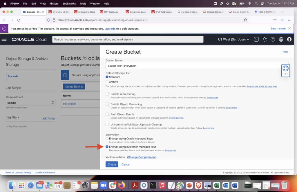 Using OCI Object Storage bucket encryption