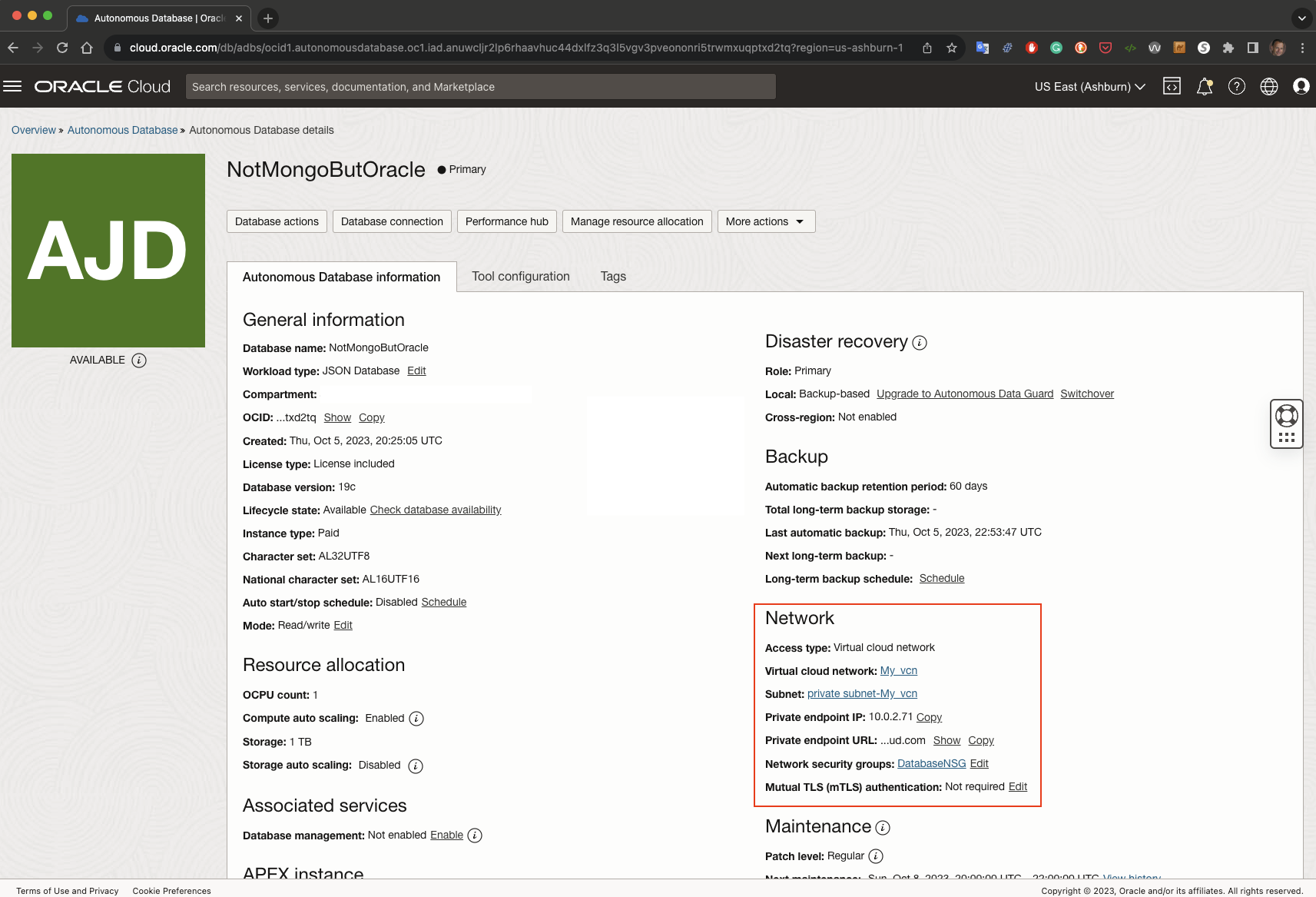 How to configure Oracle Database API for MongoDB for Autonomous Databases with private endpoint