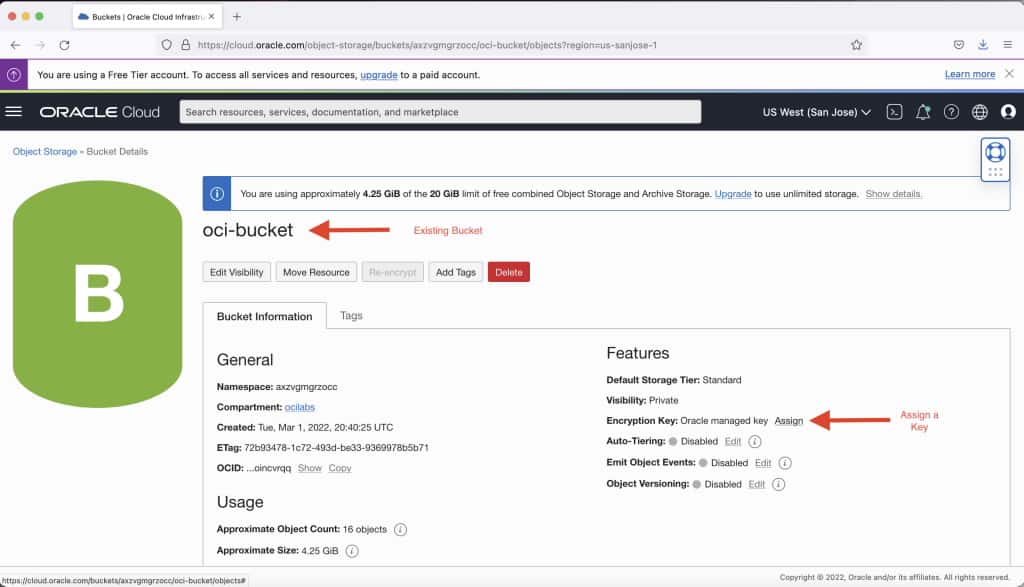 Using OCI Object Storage bucket encryption
