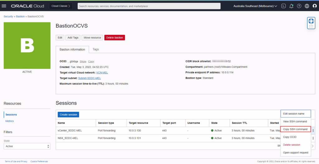 Securely access Oracle Cloud VMware Solution using OCI Bastion service