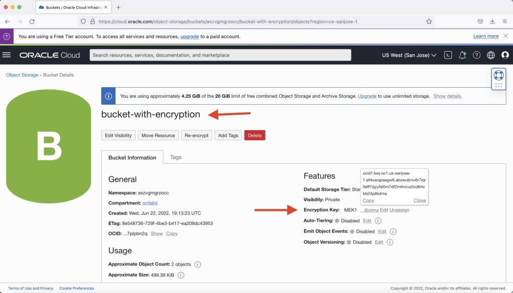 Using OCI Object Storage bucket encryption