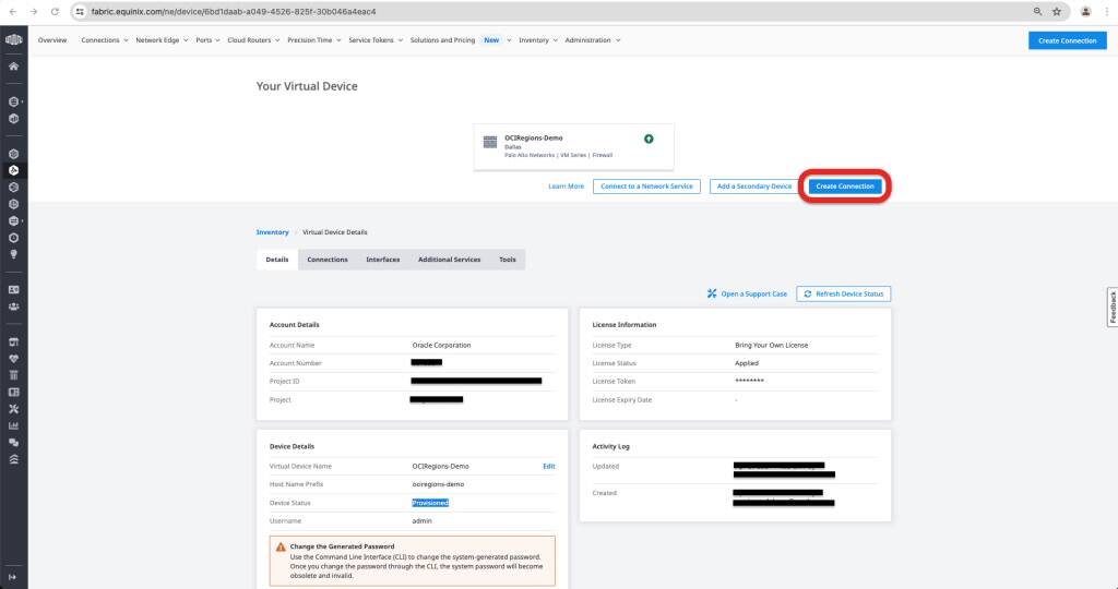 Connecting two OCI Regions using Equinix Network EDGE Virtual Device – Equinix side configuration